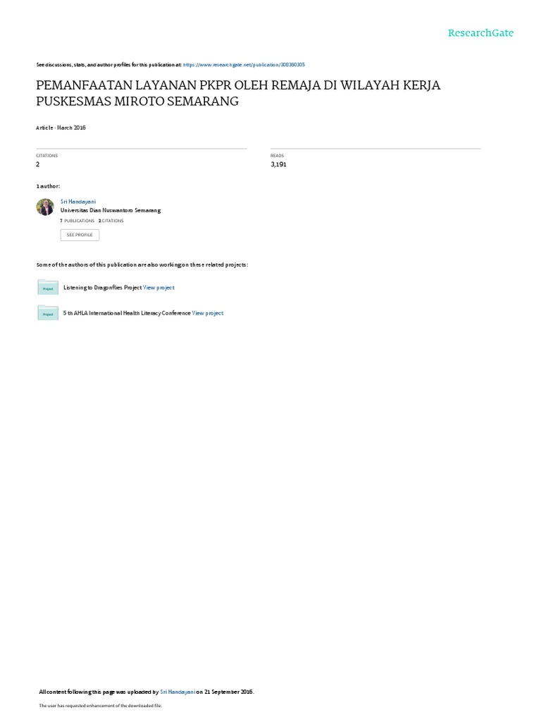 Pemanfaatan Layanan PKPR Oleh Remaja Di Wilayah Kerja Puskesmas Miroto ...