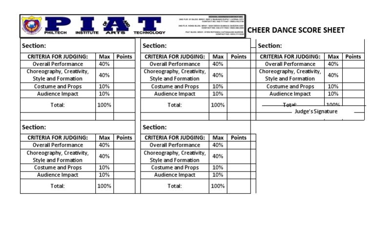 Cheer Dance Score Sheet: Section: Section: Section | PDF