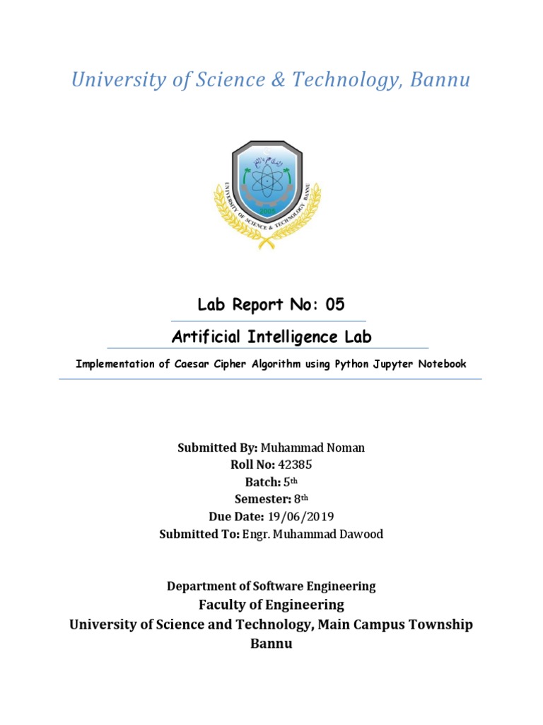 UST Bannu Lab Report on Caesar Cipher in Python | PDF