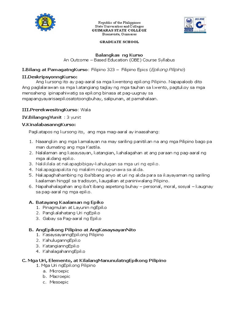 Balangkas NG Kurso Fil 321 Filipino Epic | PDF