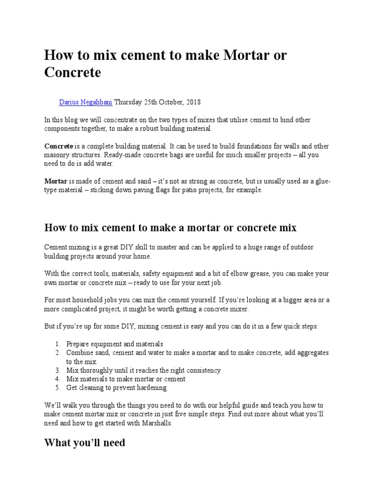 Cement Mix Ratio Guide | PDF | Concrete | Mortar (Masonry)