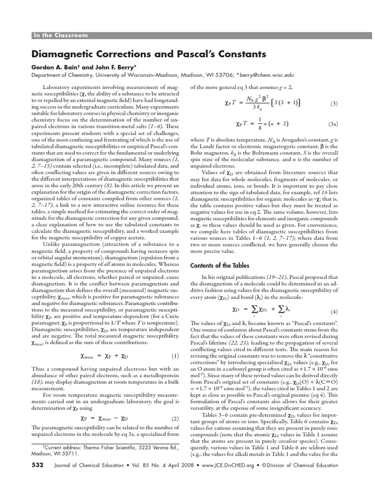 Diamagnetic Corrections and Pascal's Constants | PDF | Ionic Bonding ...