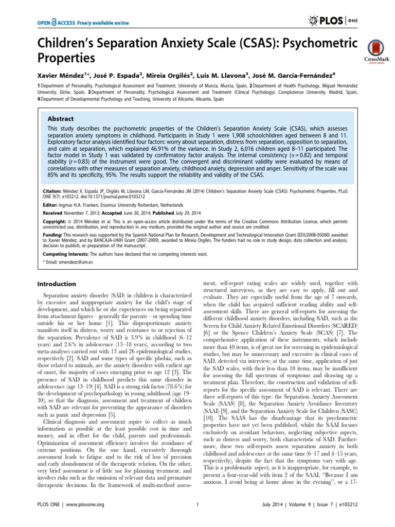 Children's Separation Anxiety Scale (CSAS) : Psychometric Properties ...