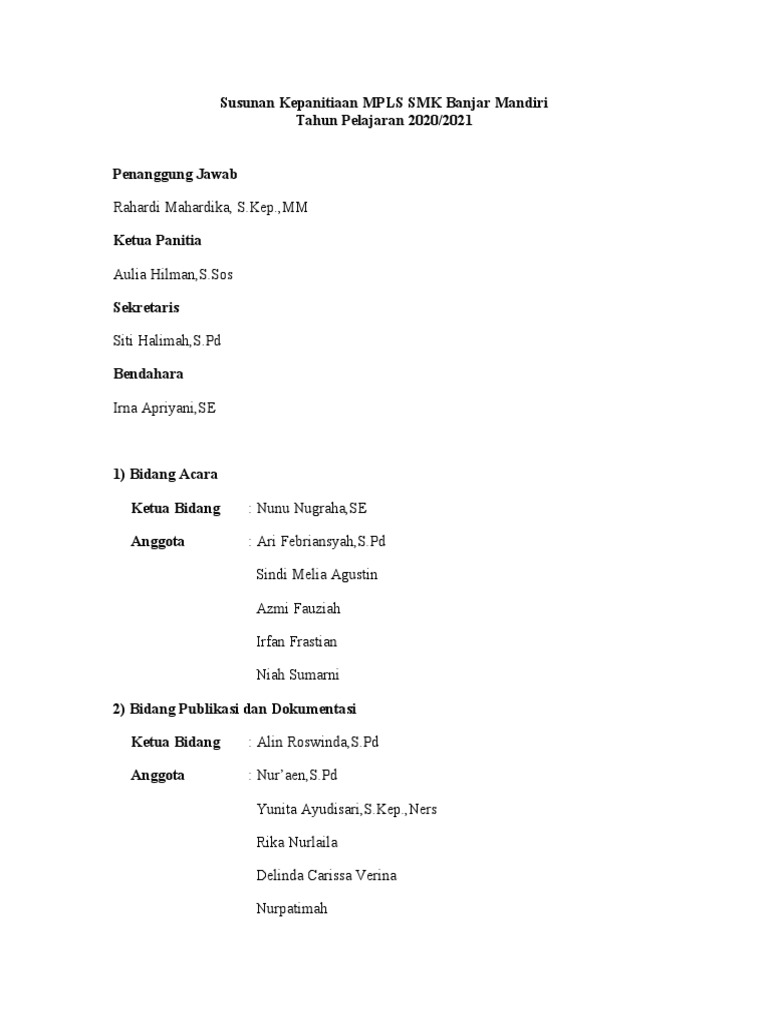 Susunan Kepanitiaan MPLS SMK Banjar Mandiri-1 | PDF | Ilmu Sosial