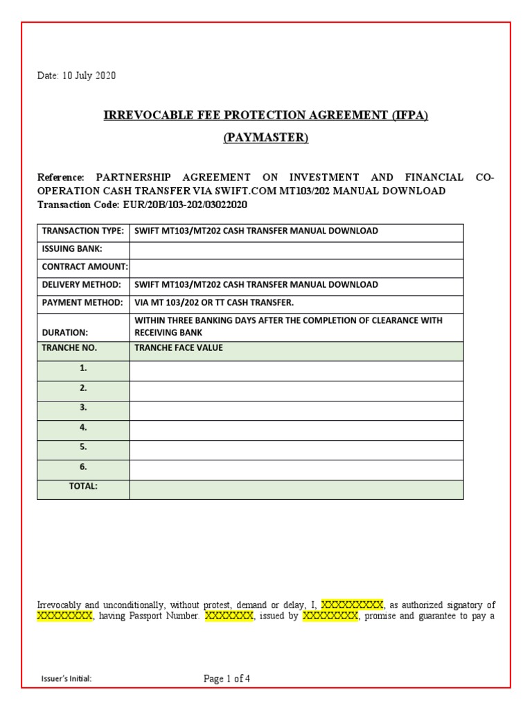 Irrevocable Fee Protection Agreement (IFPA) (Paymaster) : Date: 10 July ...