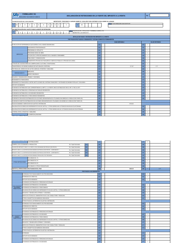 Formulario 103: Retenciones Impuesto Renta | PDF | Impuestos | Finanza ...