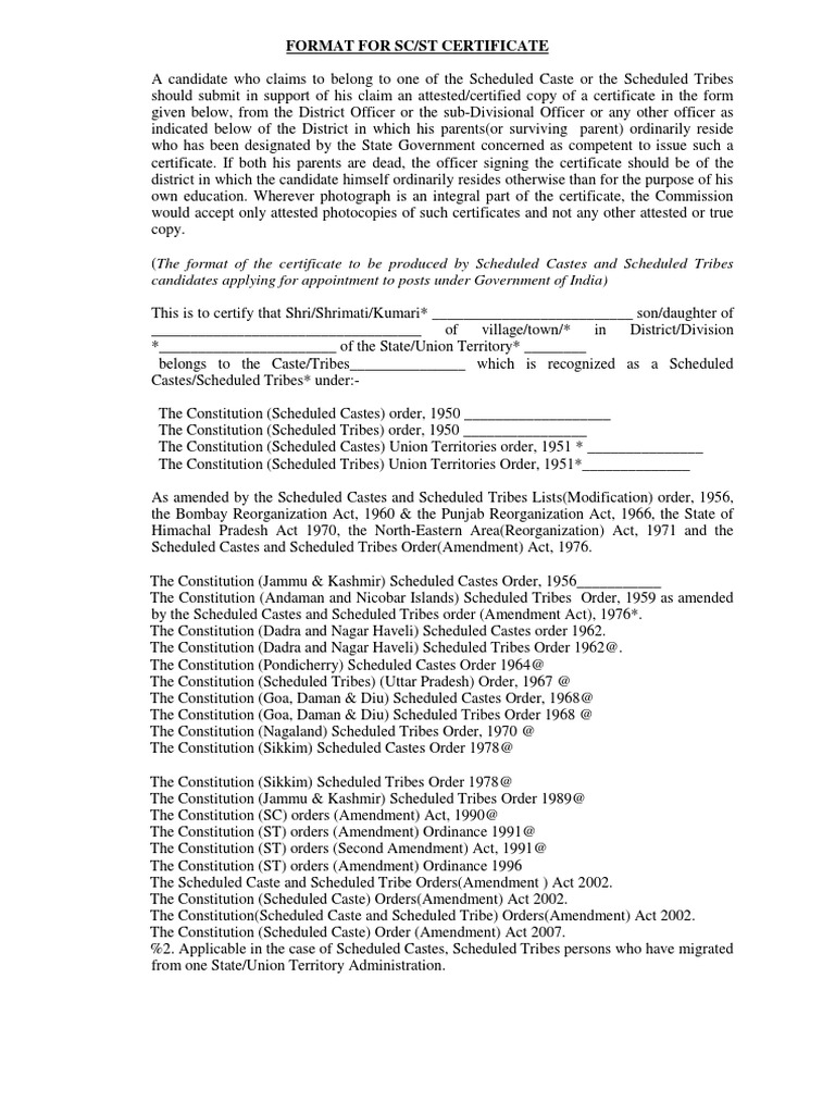 Format For SCST Certificate | PDF | Government Of India | Politics Of India
