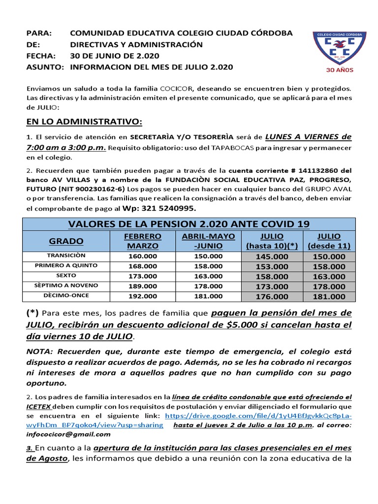 Información Julio 2020 - Colegio COCICOR | PDF