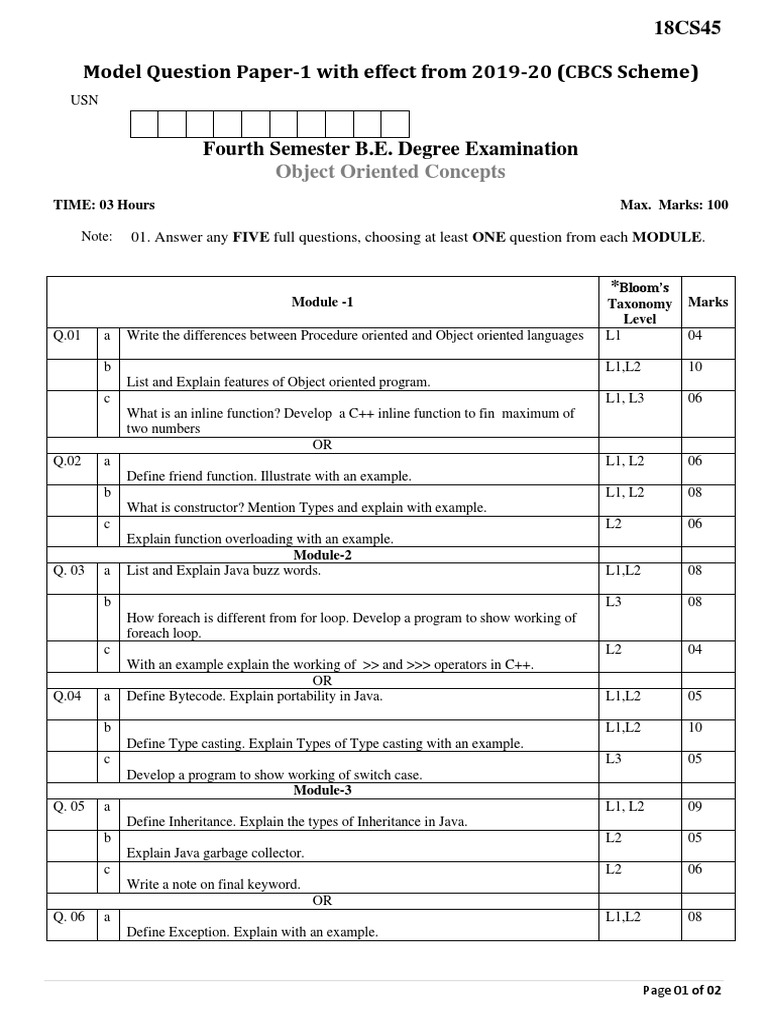 Object Oriented Concepts: 18CS45 Model Question Paper-1 With Effect From 2019-20 (CBCS Scheme ...