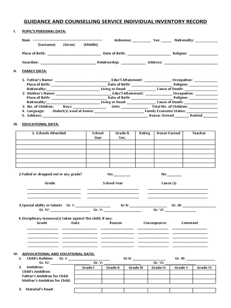 Guidance and Counselling Service Individual Inventory Record | PDF ...