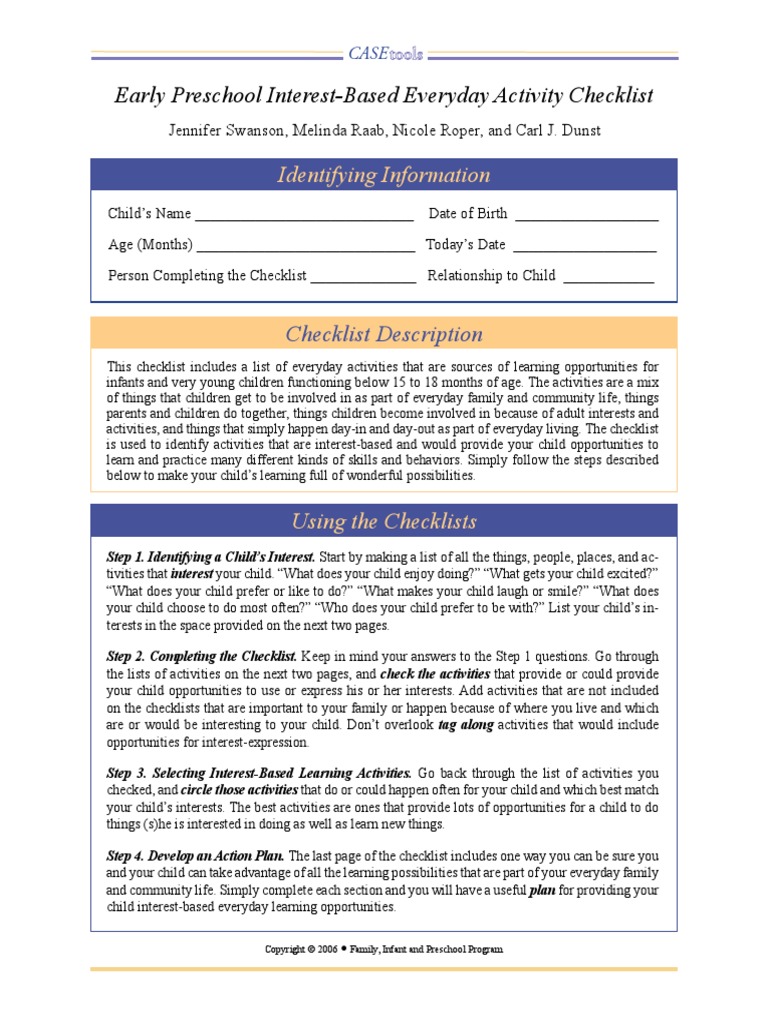 Early Preschool Interest-Based Everyday Activity Checklist: Identifying ...