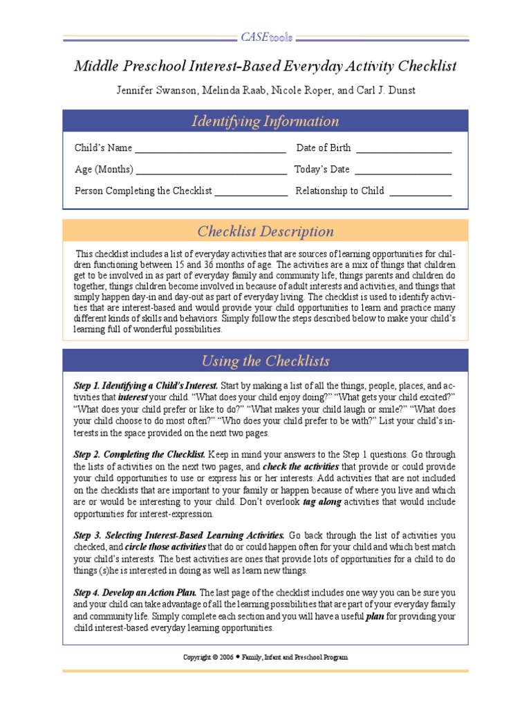 Middle Preschool Interest-Based Everyday Activity Checklist ...