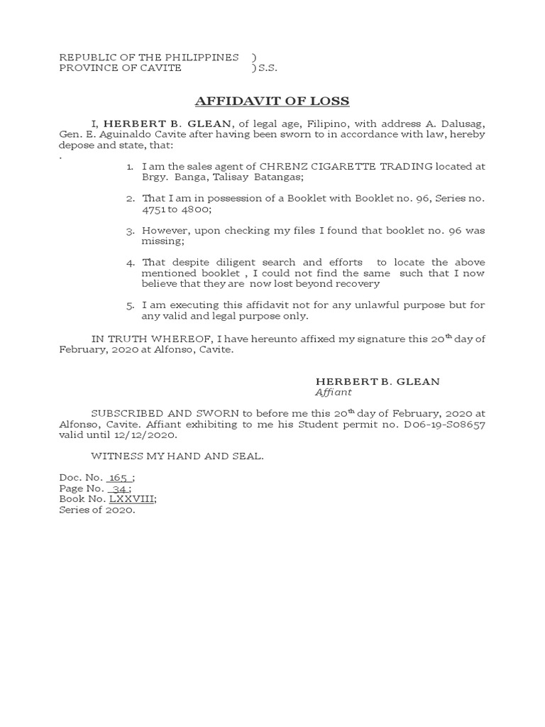 AFFIDAVIT OF LOSS Misplaced OFFICIAL RECEIPT Booklet | PDF