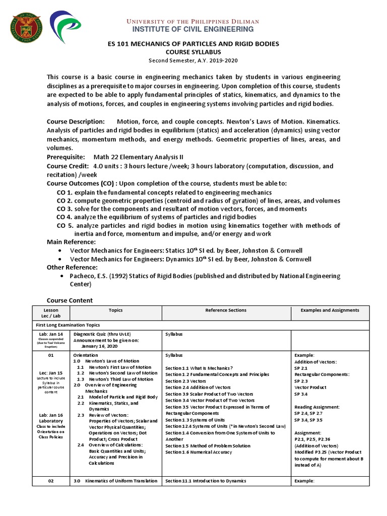 ES 101 Syllabus Second Semester AY 2019 2020 WF Lec Classes FINAL | PDF | Kinematics | Rotation ...