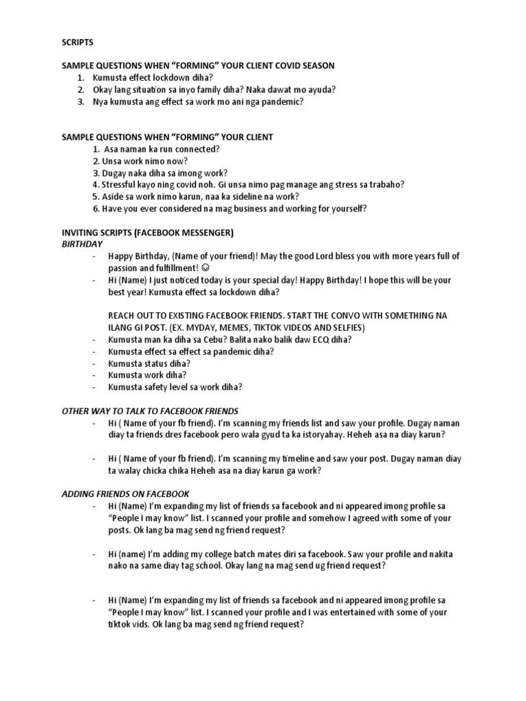 Scripts Sample Questions When "Forming" Your Client Covid Season | PDF ...
