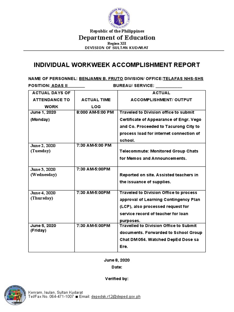 Department of Education: Individual Workweek Accomplishment Report | PDF | Business