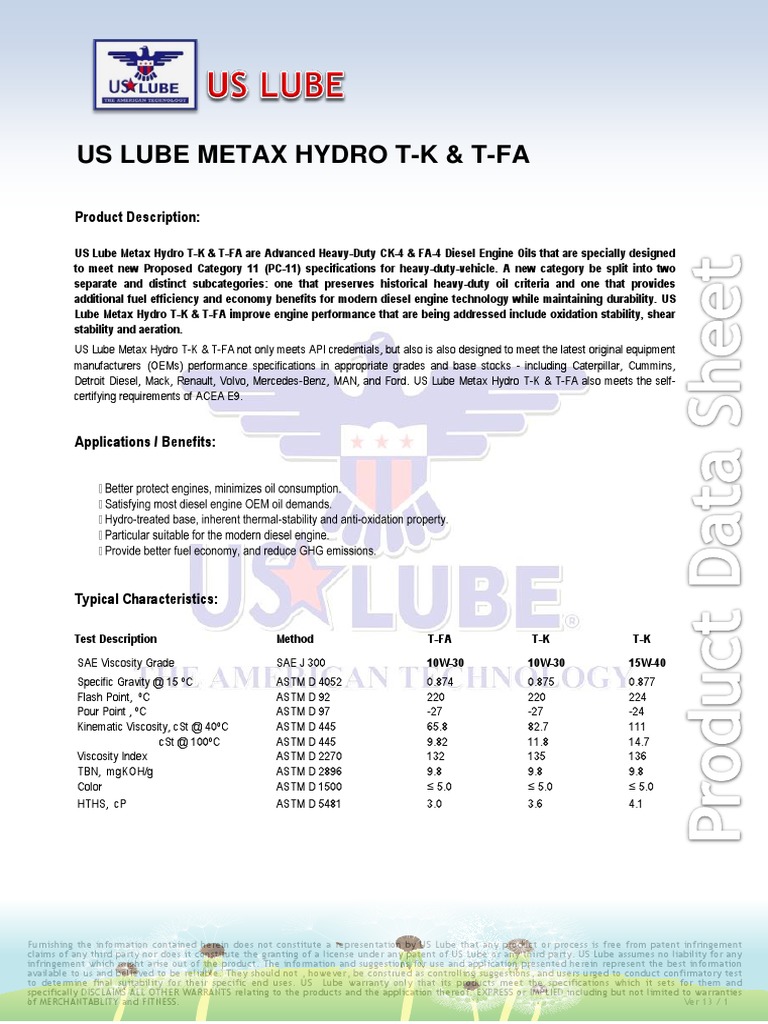 US LUBE METAX HYDRO T-K & T-FA API CK-4 - SN Series | PDF | Motor Oil ...