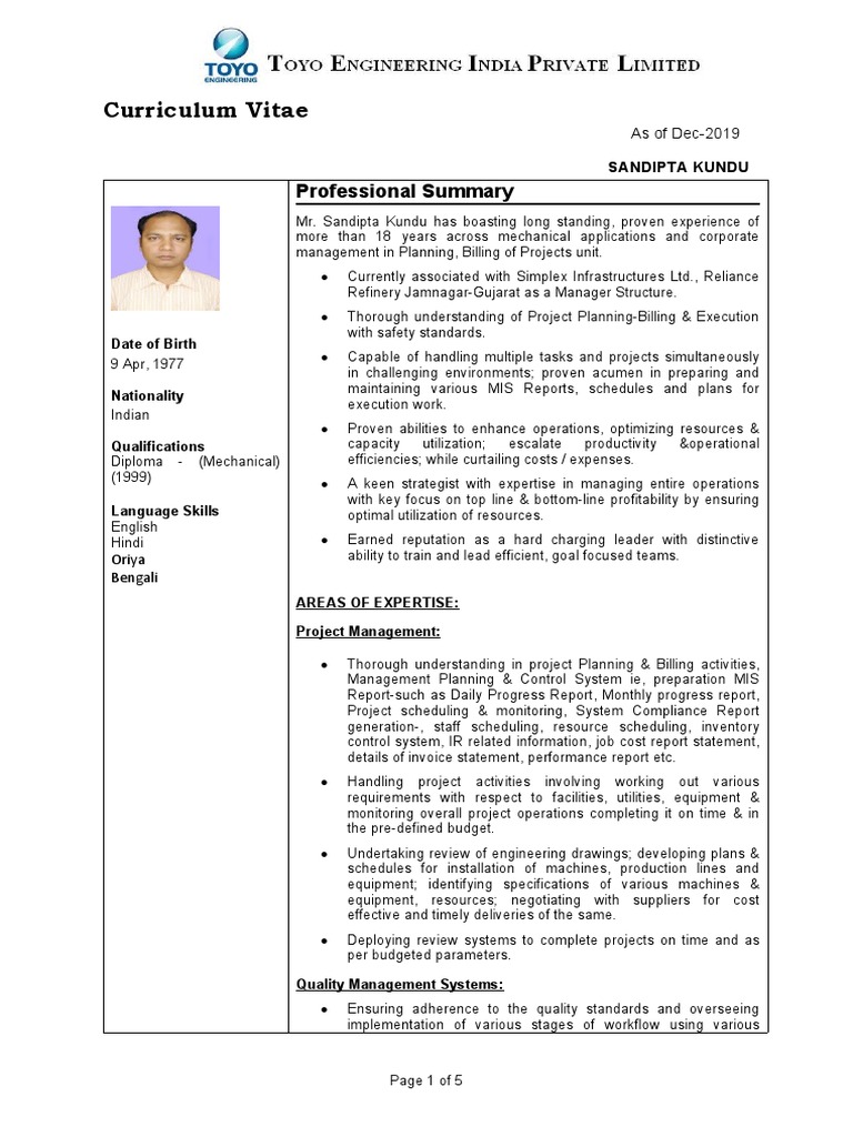 Sample - Resume-IOCL Format | PDF | Specification (Technical Standard ...