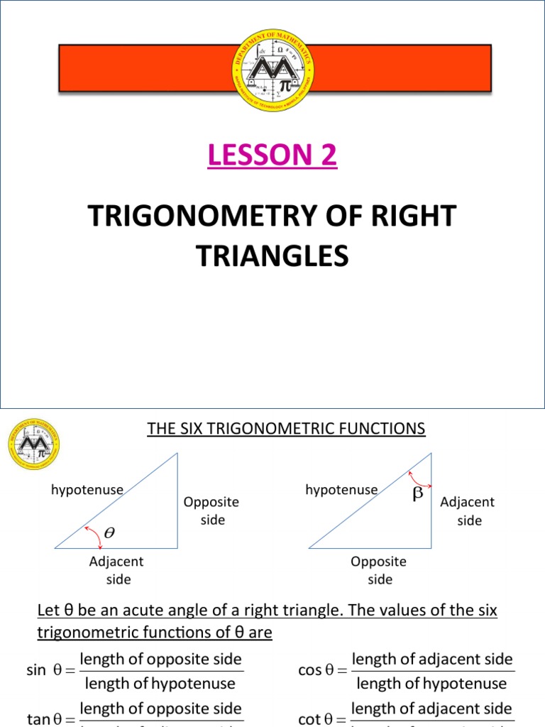 Math12-1 - Lesson 2 - Trigonometry of Right Triangles | PDF | Trigonometric Functions | Sine