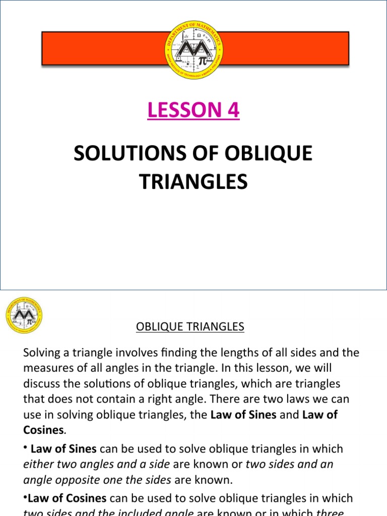 Math12-1 - Lesson 4 - Solutions of Oblique Triangles | PDF | Sine | Trigonometric Functions