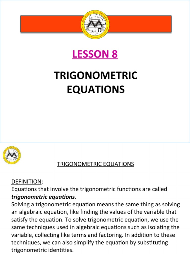 Math12-1 - Lesson 8 - Trigonometric Equations | PDF | Equations | Trigonometric Functions