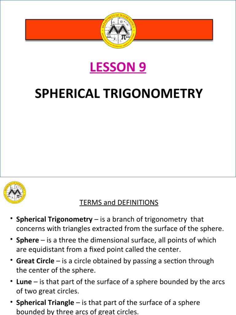 Math12-1 - Lesson 9 - Spherical Trigonometry | PDF | Trigonometric Functions | Sine