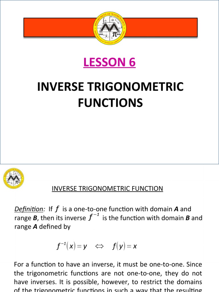 Math12-1 - Lesson 6 - Inverse Trigonometric Functions | PDF | Function (Mathematics ...