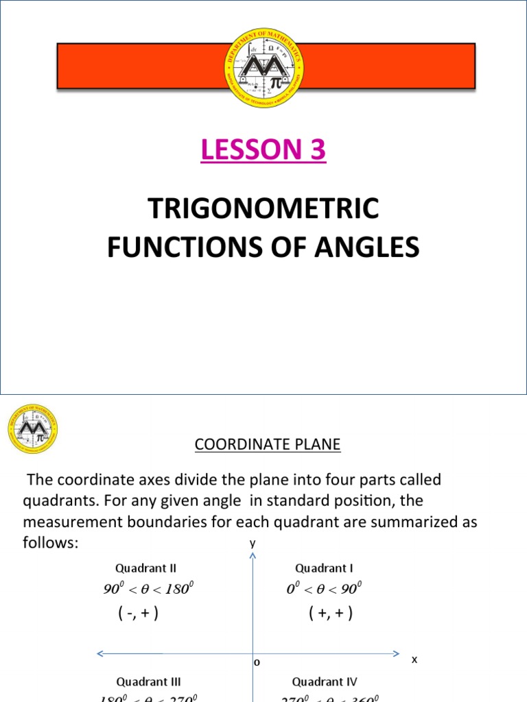 Math12-1 - Lesson 3 - Trigonometric Functions of Angles | PDF | Trigonometric Functions | Sine