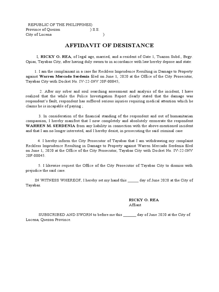 Affidavit of Desistance: WARREN M. SERDENIA From Any Liability in ...