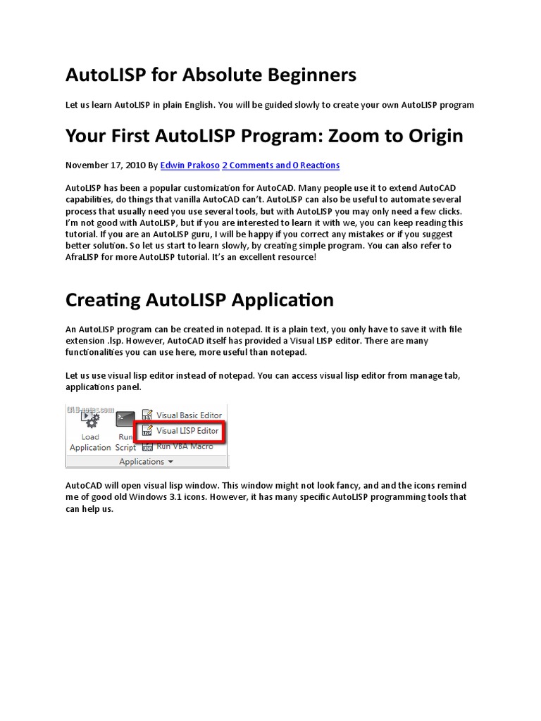 Autolisp For Absolute Beginners Your First Autolisp Program: Zoom To Origin | PDF | Sine ...