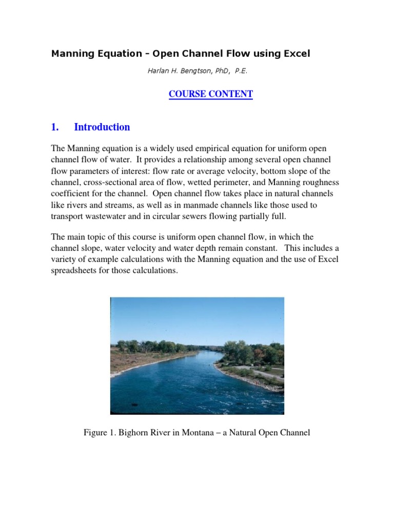 Manning Equation - Open Channel Flow Using Excel: Course Content | PDF ...