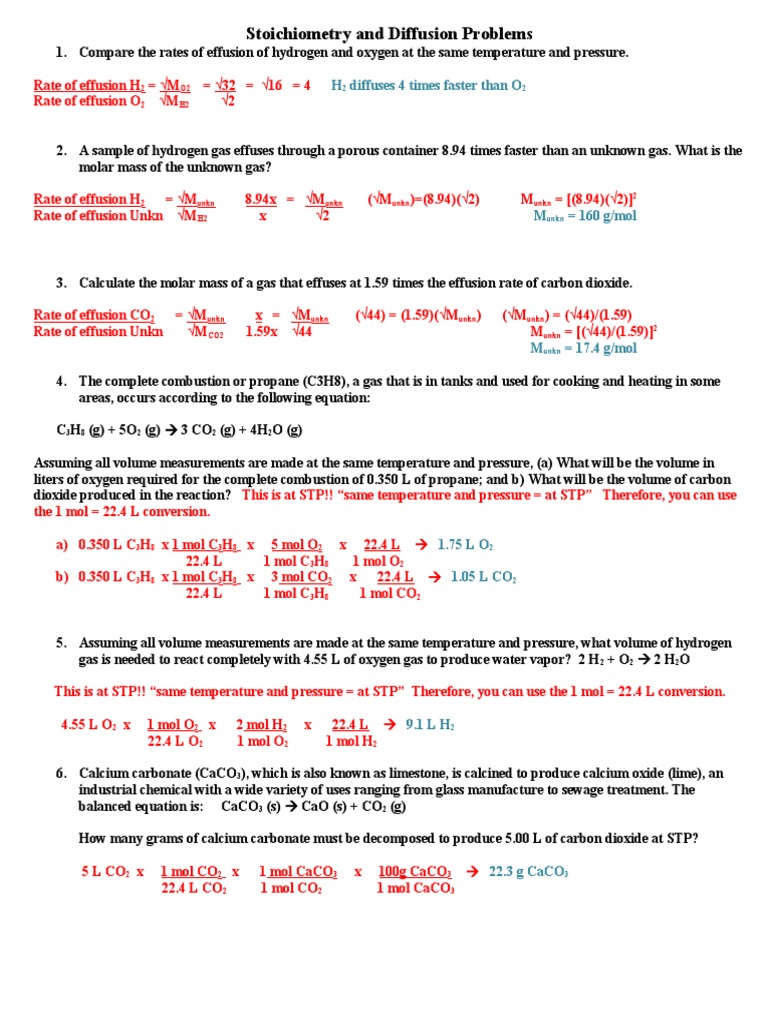 Effusion Diff and Gas Stoich Notes Outline Answers | PDF | Gases ...