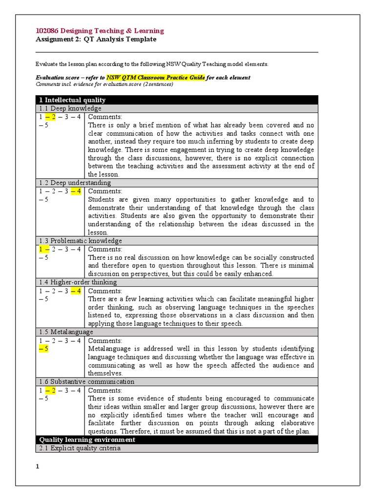 1 Intellectual Quality: Assignment 2: QT Analysis Template | PDF ...