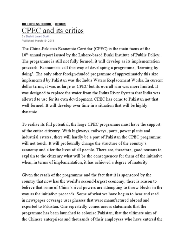 CPEC and Its Critics: Shahid Javed Burki | PDF | Pakistan | China