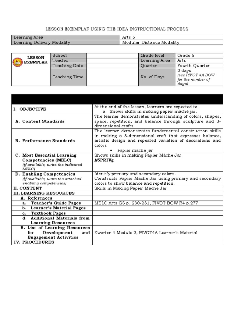 Checked Lesson Exemplar Using The Idea Instructional Process 1 | PDF