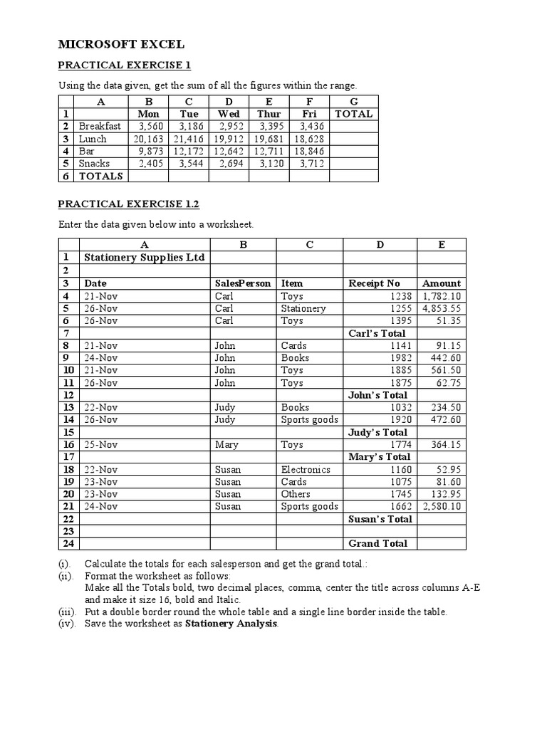 Excel Practical Exercises Overview | PDF | Payroll | Worksheet