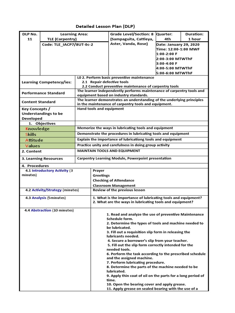 Detailed Lesson Plan (DLP) : Nowledge Kills Ttitude Alues | PDF | Bearing (Mechanical) | Carpentry
