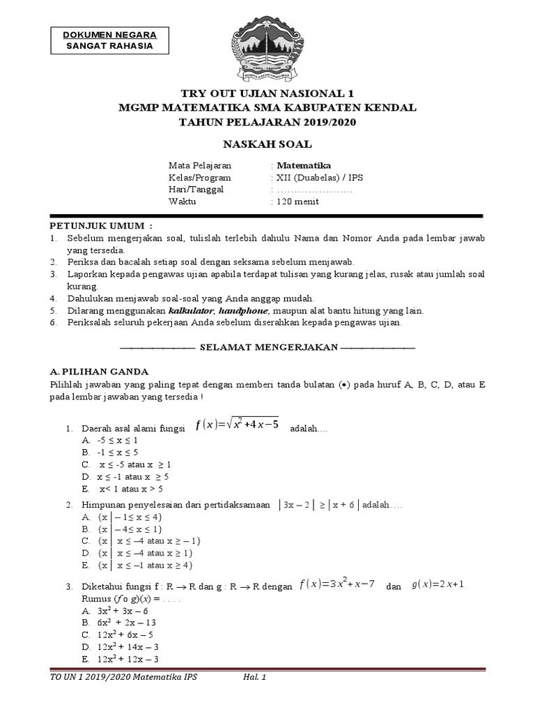 Soal To Un Matematika Ips 2020 | PDF