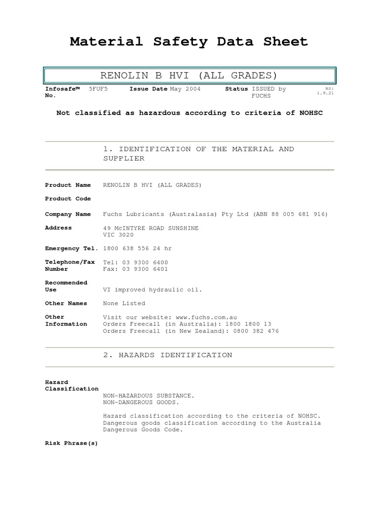 Material Safety Data Sheet Renolin B Hvi All Grades Pdf