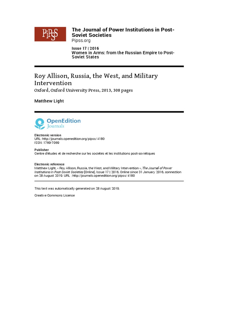 Roy Allison, Russia, The West, and Military Intervention: The Journal ...