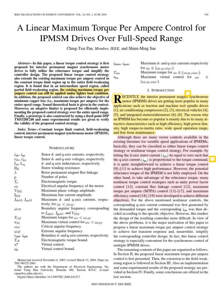 A Linear Maximum Torque Per Ampere Control For | PDF | Electric Motor ...