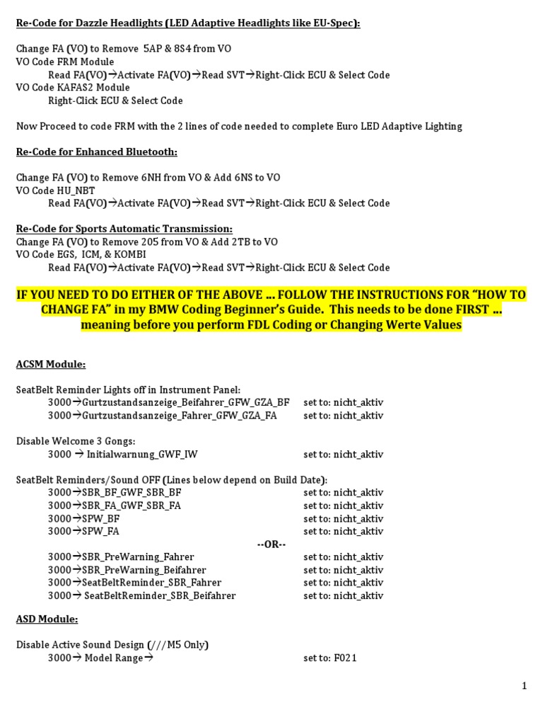 BMW Coding Parameters - F10 - For 5 and 6 Series | PDF | Headlamp ...
