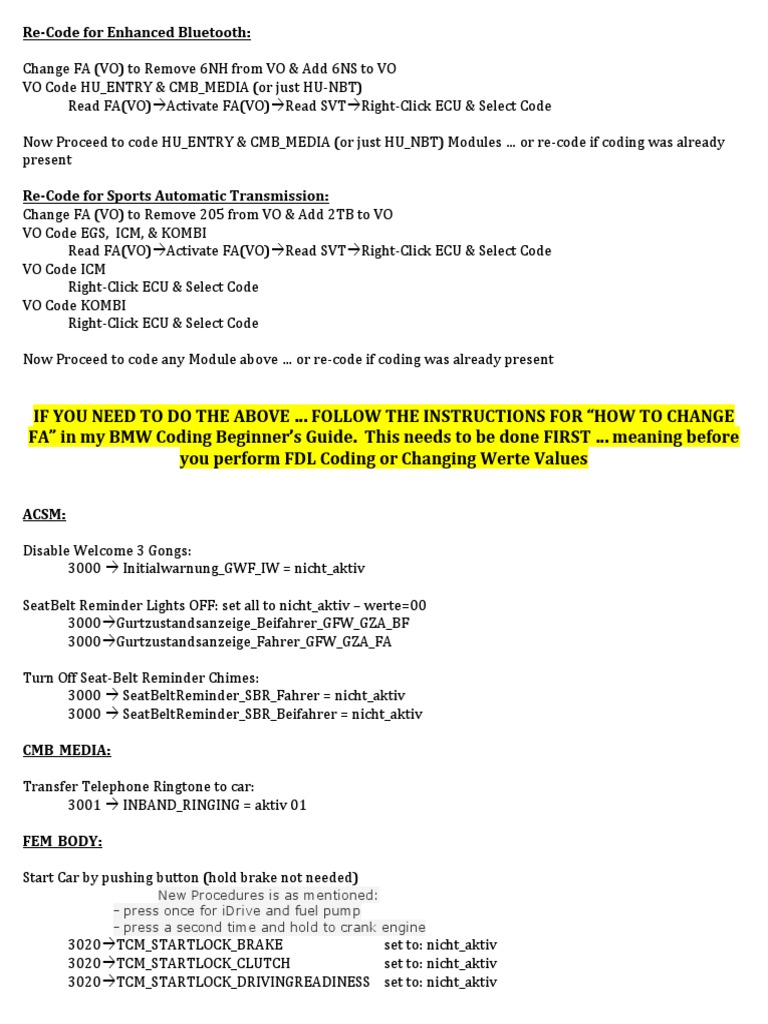 BMW Coding Parameters - F30 - For 3 and 4 Series | PDF | Motor Vehicle ...