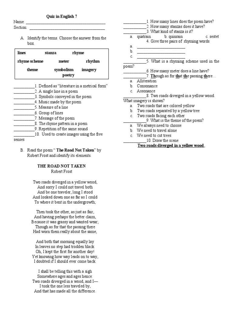 Quiz in English 7 | PDF | Metre (Poetry) | Poetry