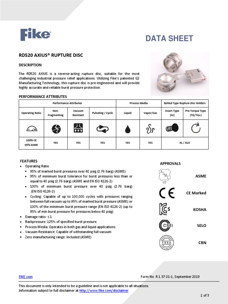 Data Sheet: Rd520 Axius® Rupture Disc | PDF | Pressure | Screw