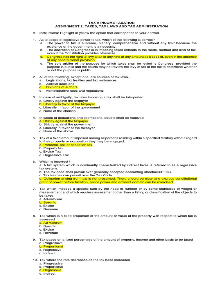Assignment 2 TAXES, TAX LAWS AND TAX ADMIN ANSWER KEY | PDF | Taxation ...