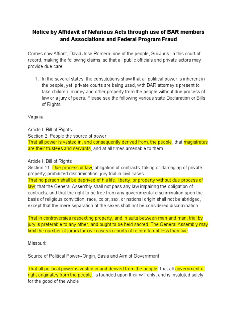 Notice by Affidavit of Nefarious Acts Through Use of BAR Members and ...