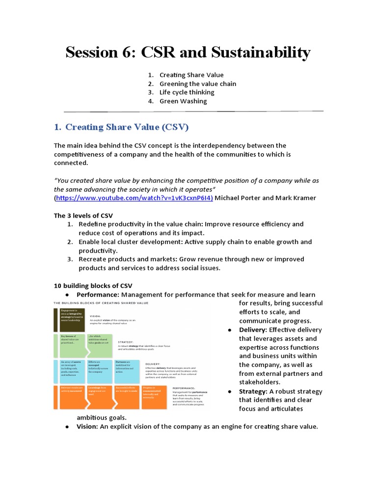 Session 6: CSR and Sustainability: 1. Creating Share Value (CSV) | PDF ...