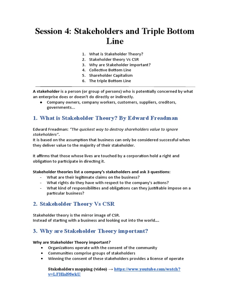 Session 4: Stakeholders and Triple Bottom Line: 1. What Is Stakeholder ...