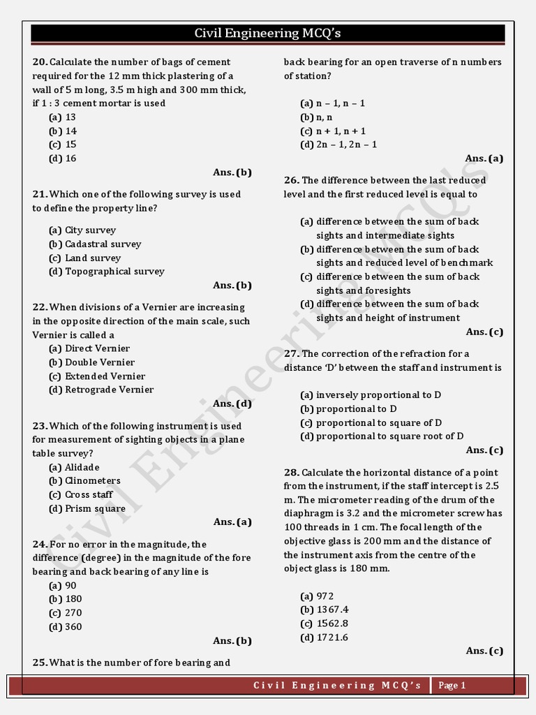 Civil Engineering MCQ's | PDF | Surveying | Optics